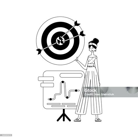 그래프를 가진 여자 친구 화살이 까마귀를 때린다 흑백 선형 유행 트렌디한 스타일 벡터 일러스트레이션 그래프에 대한 스톡 벡터