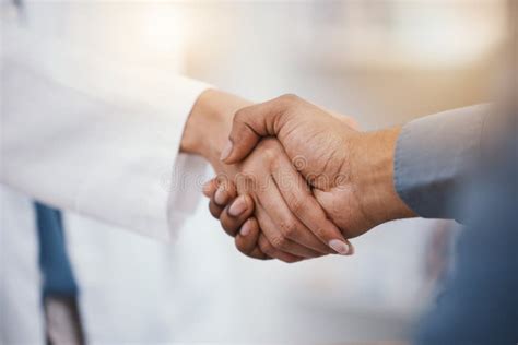 Doctor Patient And Handshake In Hospital Thank You Welcome Or