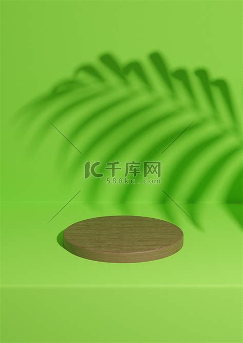 明亮的霓虹绿 3d 渲染简单、最小的木质产品讲台背景，带有棕榈叶阴影，用于圆柱支架上的自然产品高清摄影大图 千库网