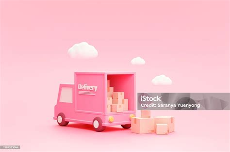 분홍색 배경 3d 렌더링 일러스트에 트럭 및 핀 포인터 마크 위치 배달 운송 물류 개념에 의한 선적 배송 배달에 대한 스톡 사진