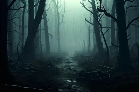 Premium Photo Creepy Landscape Dark Forest Shrouded In Haunted Mist