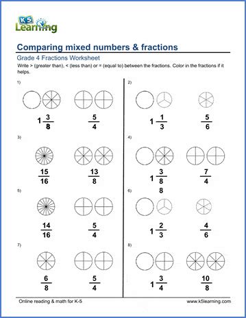 Grade Math Worksheets Comparing Mixed Numbers Fractions K Learning