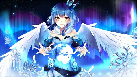 Blue Hair Wings Yellow Eyes Blue Dress Ice Crystals Hd Wallpaper