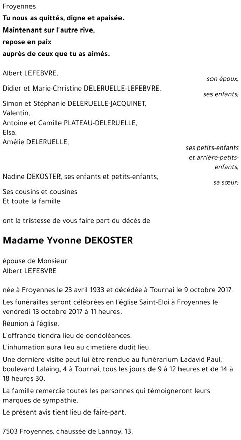 Avis De Décès De Yvonne Dekoster Décédé Le 09 10 2017 à Tournai