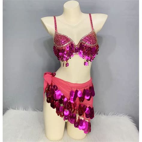 Cute Women Belly Dance Clothes Sequins Belly Dance Costume Set Bra Hip
