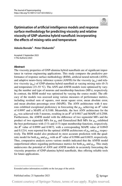 PDF Optimisation Of Artificial Intelligence Models And Response Surface Methodology For