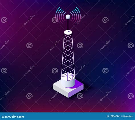 Isometric Telecommunication Tower With Connection Waves Dark Background Communication Tower
