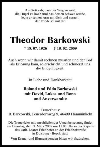 Traueranzeigen Von Theodor Barkowski Trauer In Nrwde