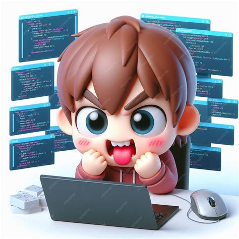 Cute 3d Style Chibi Programmer Eyes Glued To The Screen Tongue Sticking Out In Concentration