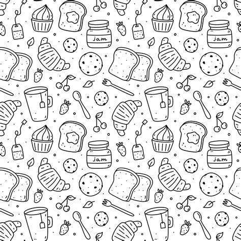 Cute Seamless Pattern With Breakfast Food Tea Toasts Jam