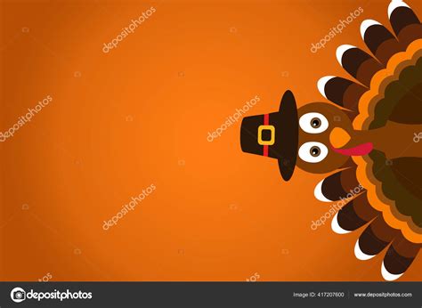 Cute Cartoon Turkey Pilgrim With Hat On Orange Gradient Background