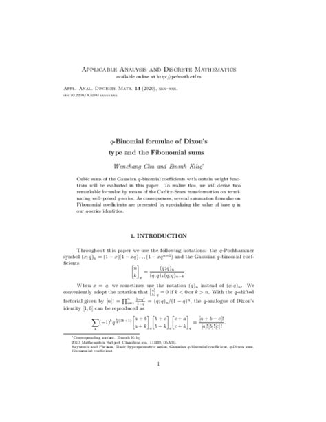 Pdf Q Binomial Formulae Of Dixon`s Type And The Fibonomial Sums