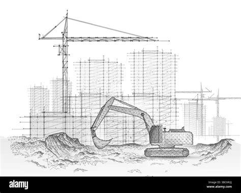 Digital Construction Site Sketch With Excavator Building 3d Printing