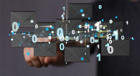 Finger Pointing On A D Floating Digital Illustration Of Message Icons And Binary Code Stock