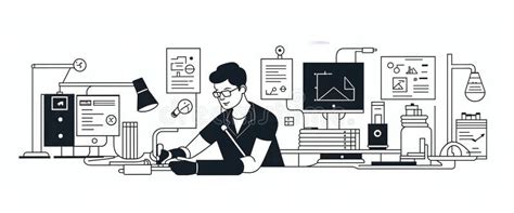 Illustrative Abstract Depiction In Fine Line Drawing Of A Scientist Performing Scientific