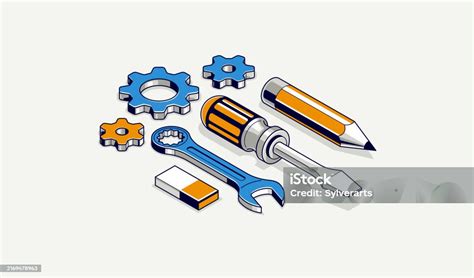 구현 개념 엔진 작업 진행 상황 연필과 도구를 사용한 기어 및 톱니바퀴 3d 아이소 메트릭 벡터 일러스트레이션의 엔지니어링 프로젝트 3차원 형태에 대한 스톡 벡터 아트 및