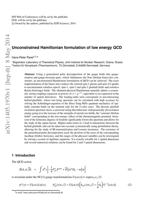 Pdf Unconstrained Hamiltonian Formulation Of Low Energy Qcd
