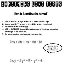 Combining Like Terms By Jennifer Wood Teachers Pay Teachers