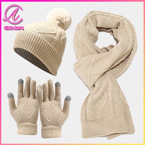 Winter Warm Knitted Scarf Beanie Hat Gloves Set Men And Women Soft
