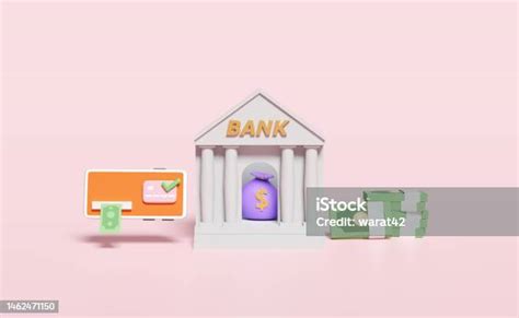 휴대 전화 은행권 체크 표시 신용 카드 은행 또는 세무서 건물이 분홍색 배경에 격리되어 있습니다atm 기계 거래 개념 3d 그림