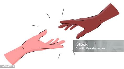 서로에게 손을 뻗는 사람들의 손을 묘사한 벡터 그림 다른 인종에 속한 사람들은 서로에게 손을 뻗습니다 화합 선하심 상호 지원의