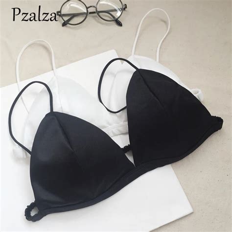 Pzalza Sexy Smooth Silk Bra Black White Soft Triangle Bra Deep V Bralette Top Ladies Satin