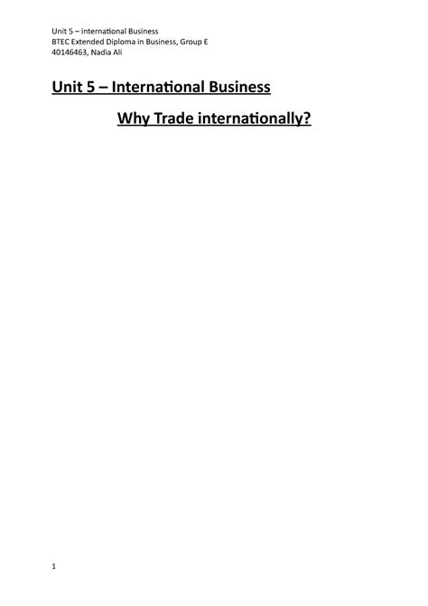 Unit 5 International Business Btec Business Assignment One Distintion