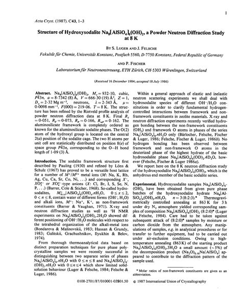 Pdf Structure Of Hydroxysodalite Na8 Alsio4 6oh2 A Powder Neutron