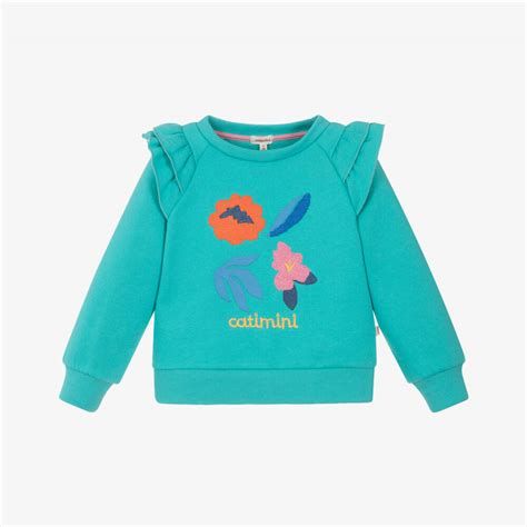 Catimini Girls Aqua Green Cotton Logo Sweatshirt With Floral