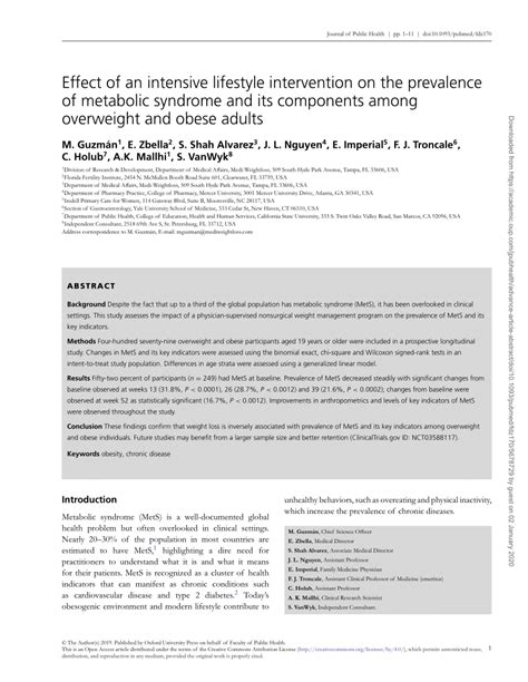 Pdf Effect Of An Intensive Lifestyle Intervention On The Prevalence Of Metabolic Syndrome And