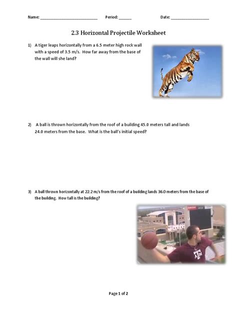 2 3 Horizontal Projectile Worksheet 9 1 16 Pdf