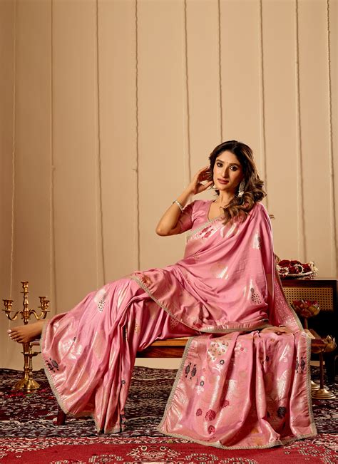 Soft Blush Pink Satin Silk Saree With Antique Gold Zari Motifs Mysore