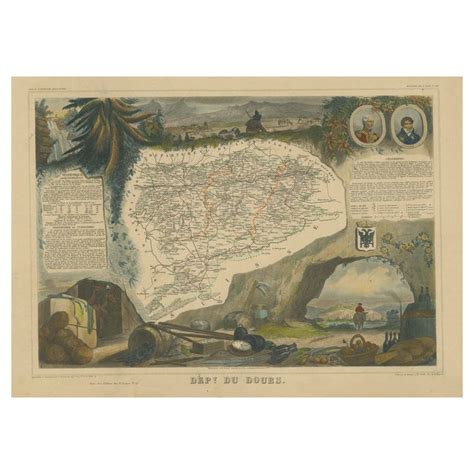 Hand Coloured Antique Map Of The Department Of Doubs France For Sale