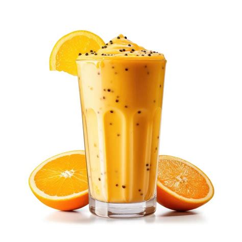 Premium Ai Image Fresh Smoothie Orange Lassi With Orange Fruit In Isolated White Background