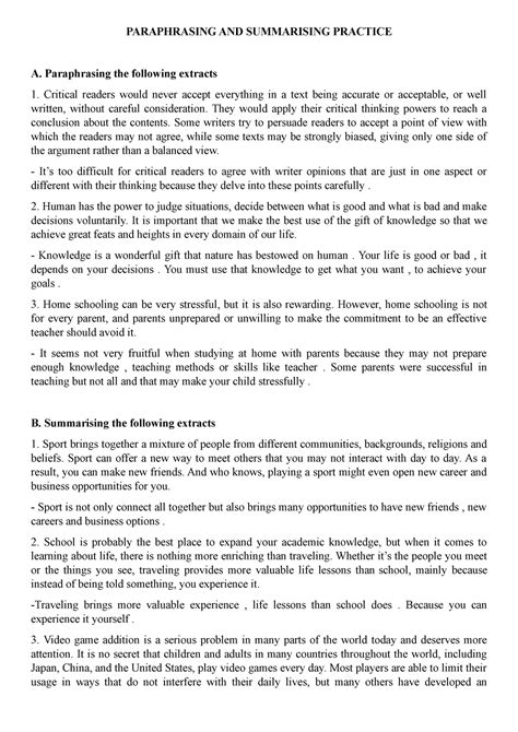 Paraphrasing And Summarising Practice PARAPHRASING AND SUMMARISING PRACTICE A Paraphrasing