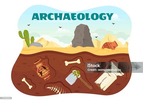 고대 유적 유물 및 공룡 화석의 고고학적 발굴이 포함된 고고학 벡터 일러스트레이션은 평평한 만화 손으로 그린 템플릿에 있습니다 건축에 대한 스톡 벡터 아트 및 기타 이미지