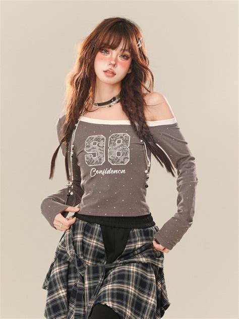 Blackgray Polka Dot Pattern Number Lace Applique Top