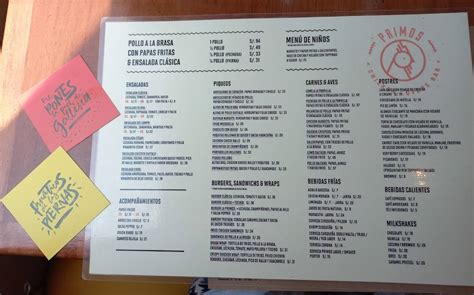 Carta De Primos Chicken Bar San Isidro Lima