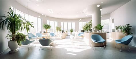 Panorama Of A Bright Reception And Waiting Room In A Clinic With Desk