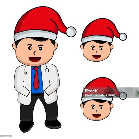 일러스트 레이 션 귀여운 의사 크리스마스 모자 만화 캐릭터와 함께 플랫 스타일 그림 디자인 템플릿 벡터 3차원 형태에 대한 스톡