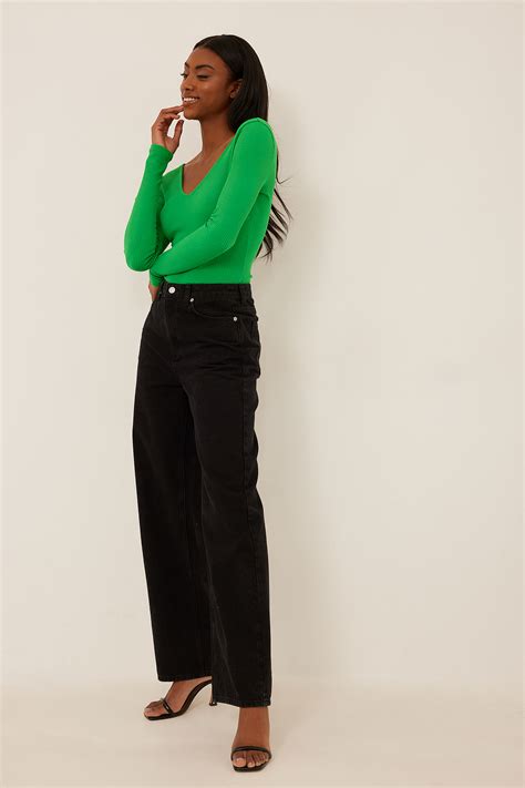 Organic V Neck Rib Long Sleeve Top Green Na