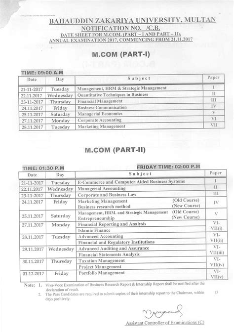 Bzu Multan Mcom Part 1 And 2 Annual Datesheet 2017
