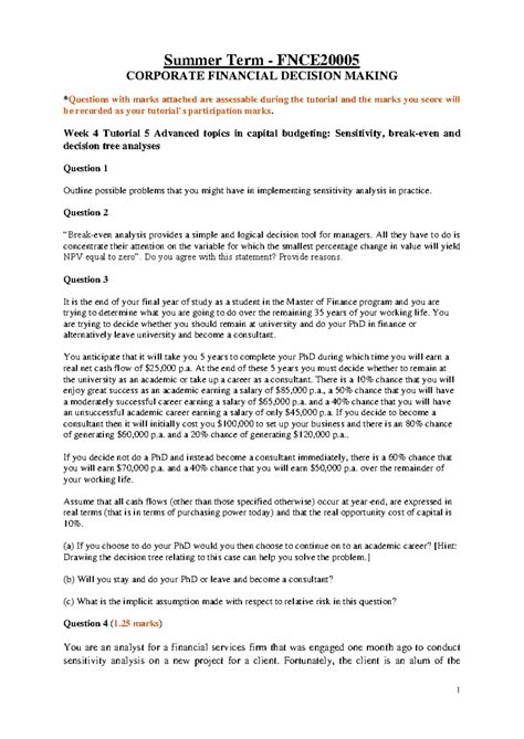 Week Tutorial Tutorial Questions Summer Term FNCE CORPORATE FINANCIAL DECISION MAKING