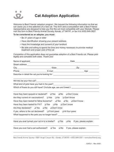 Free Printable Cat Adoption Application Template Fill Out And Sign