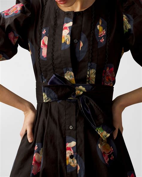 Cynthia Rowley Pintuck Floral Print Blouson Sleeve Midi Dress Neiman