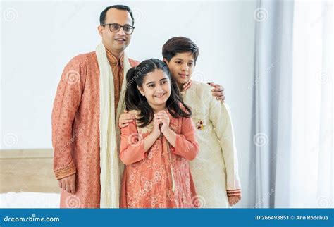 Portrait Three People Of Happy Indian Single Father Son Daughter