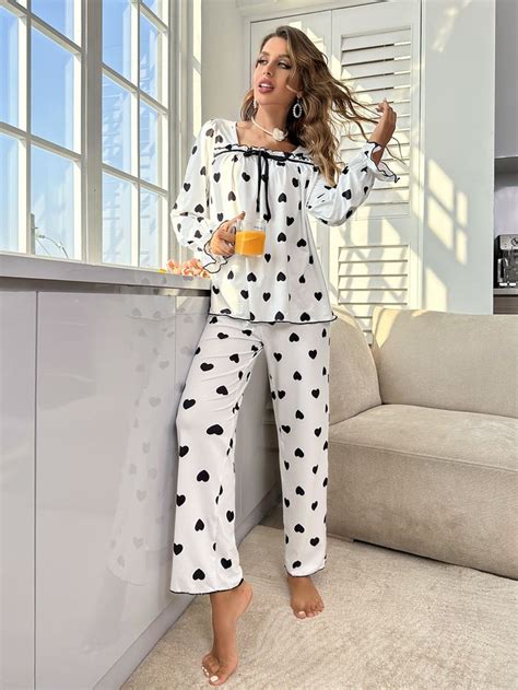 Heart Print Bow Front Flounce Sleeve PJ Set Flounce Sleeve Pj Sets