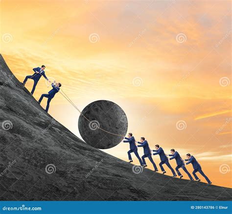 Teamwork Example With Business People Pushing Stone To Top Stock Photo
