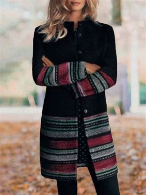 Vintage Contrast Color Striped Printed Round Neck Long Sleeves Coat