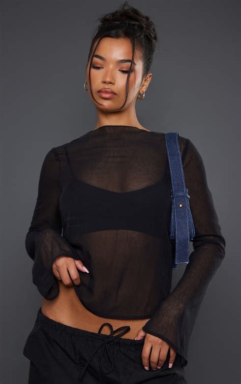 Black Sheer Textured Long Sleeve Top Tops Prettylittlething Aus